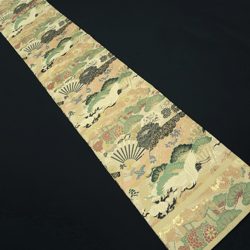 Maru Obi Vintage(1920-1950) Beige Gold Green Crane Birds Pine Tree Sil ...