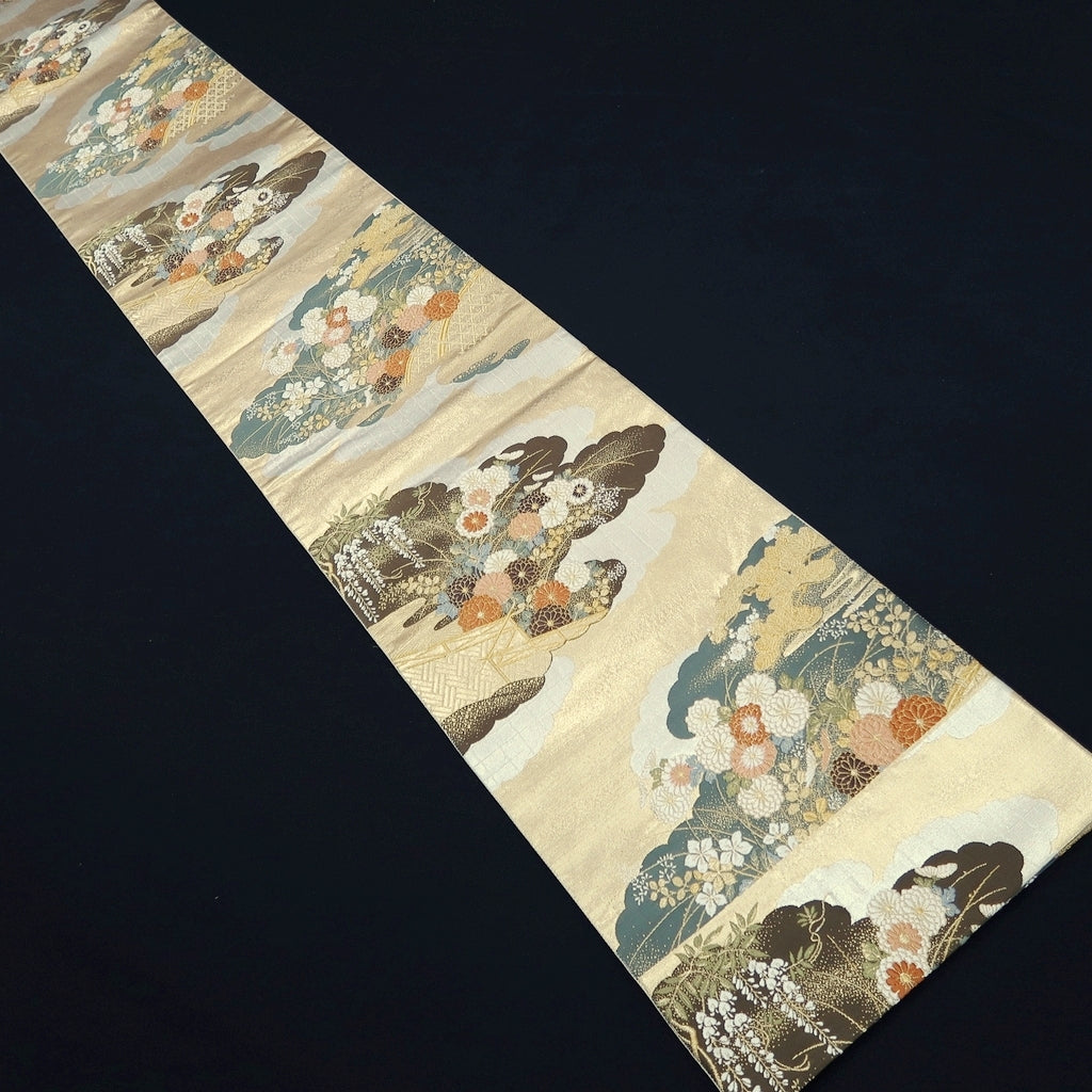 Fukuro Obi Gold Chrysanthemum Wisteria Pine Tree Silk BB270V5 – Mikula ...