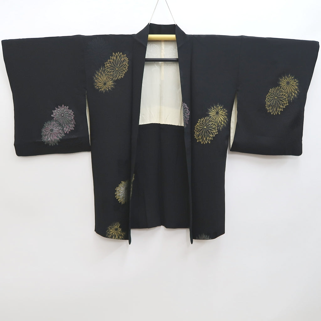Haori Jacket Vintage(1950-1980) Black Gold Silver Chrysanthemum Silk ...