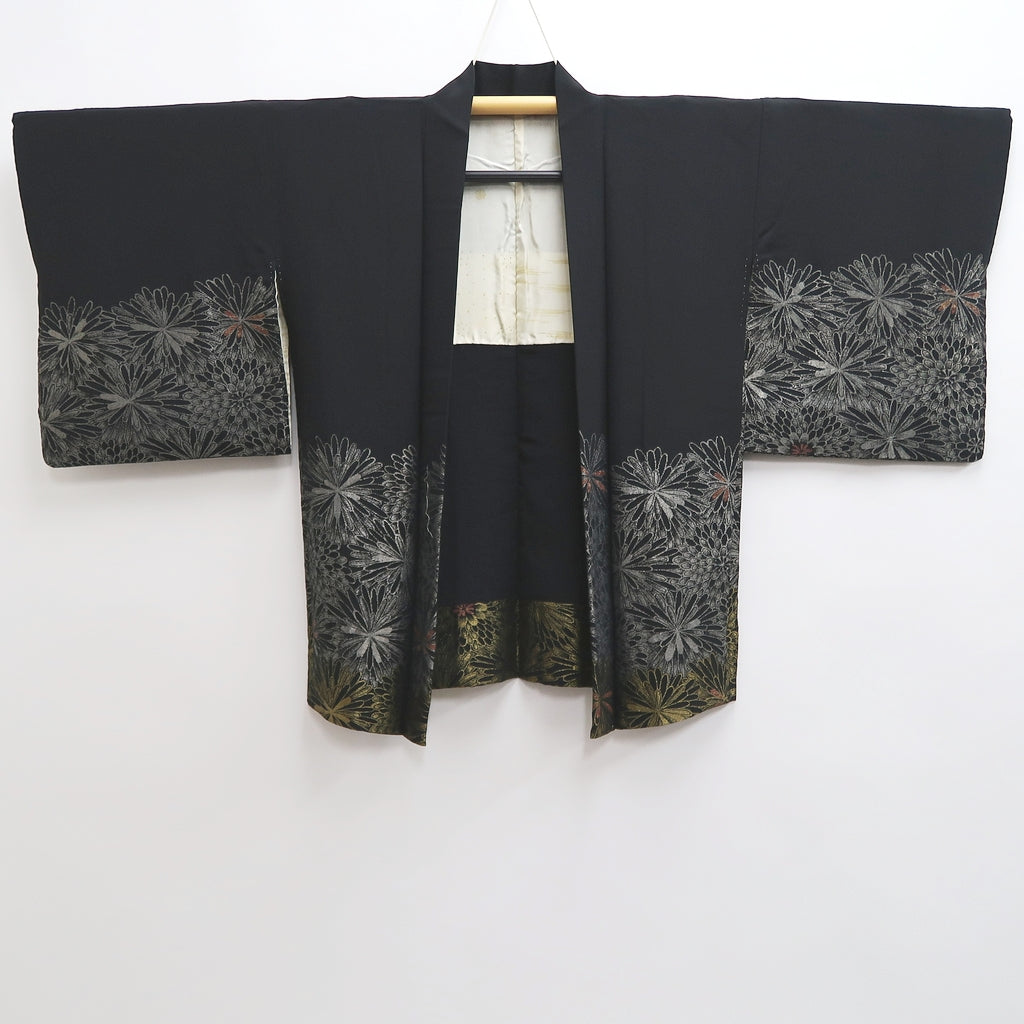 Haori Jacket Vintage(1950-1980) Black Silver Gold Chrysanthemum Silk ...