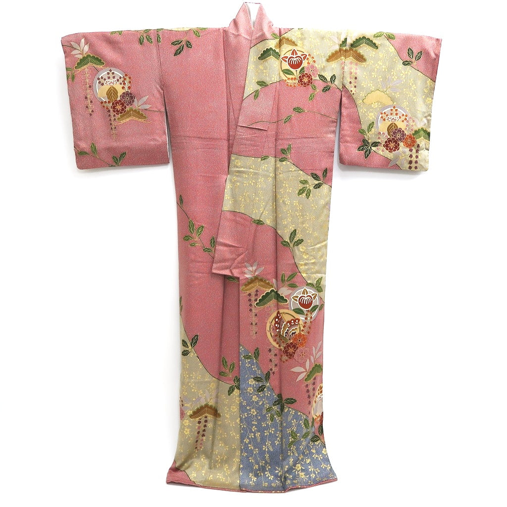 Kimono Light Red Blue Gold Butterfly Pine Tree Tall Silk #9657J2 ...