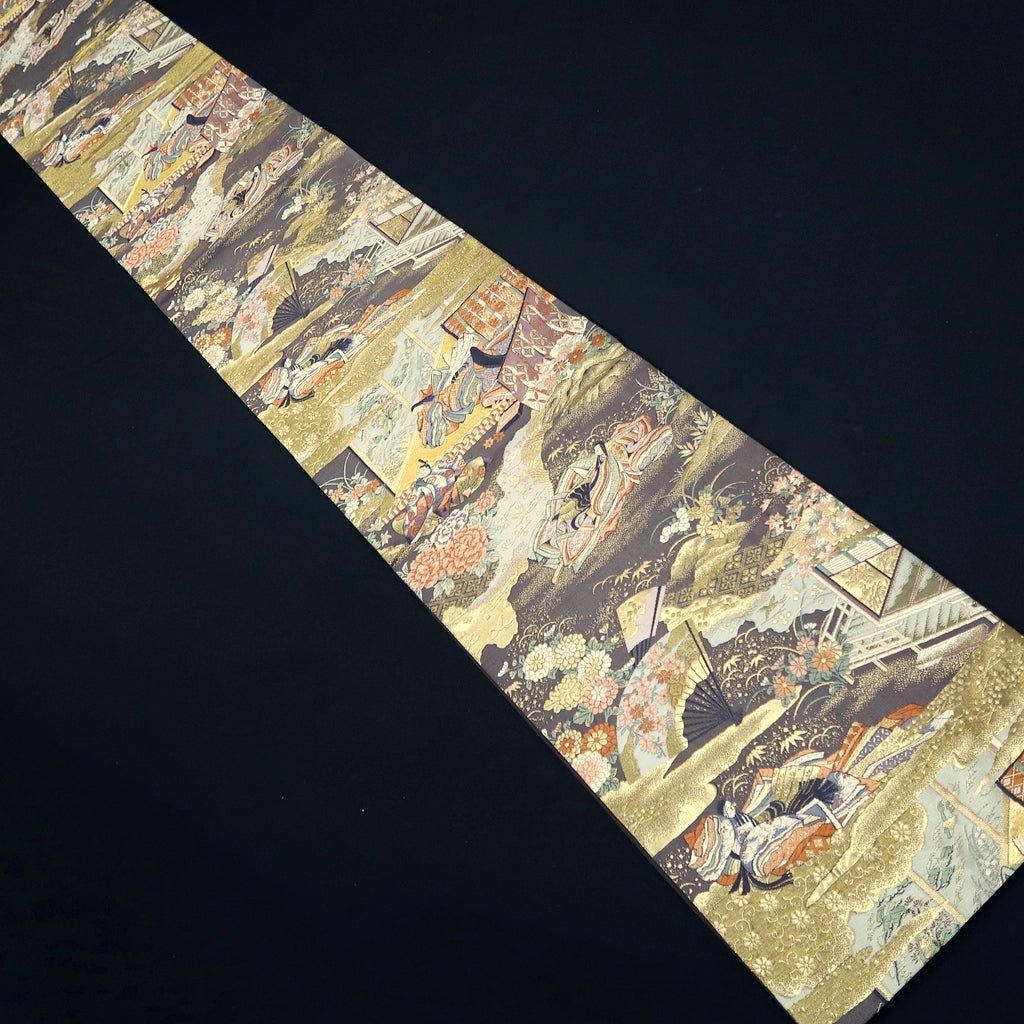 Fukuro Obi Dark Brown Gold Genji Rakchu Emaki Silk BB311V8 – Mikula Kimono