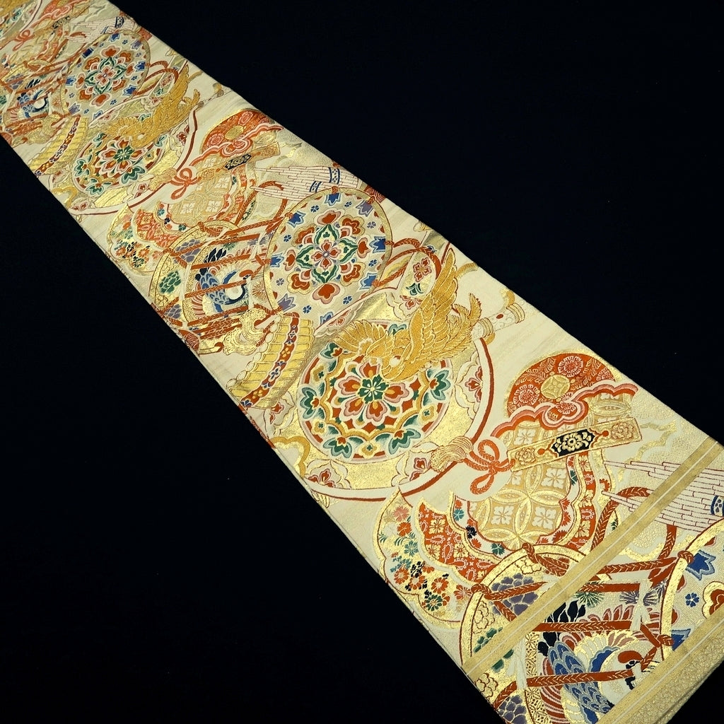 Maru Obi Vintage(1920-1950) Beige Gold Vermillion Crane Birds Phoenix ...