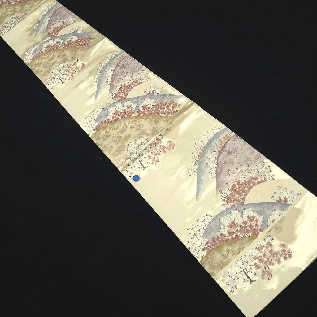 Fukuro Obi White Gold Mountain Landscape Silk BB303V8 – Mikula Kimono