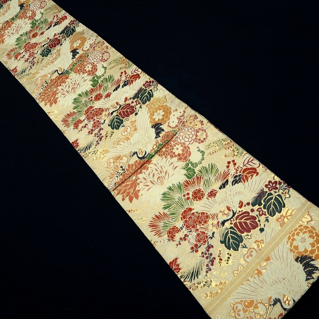 Maru Obi Vintage(1920-1950) Beige Gold Crane Birds Peony Kiku Silk BB2 ...
