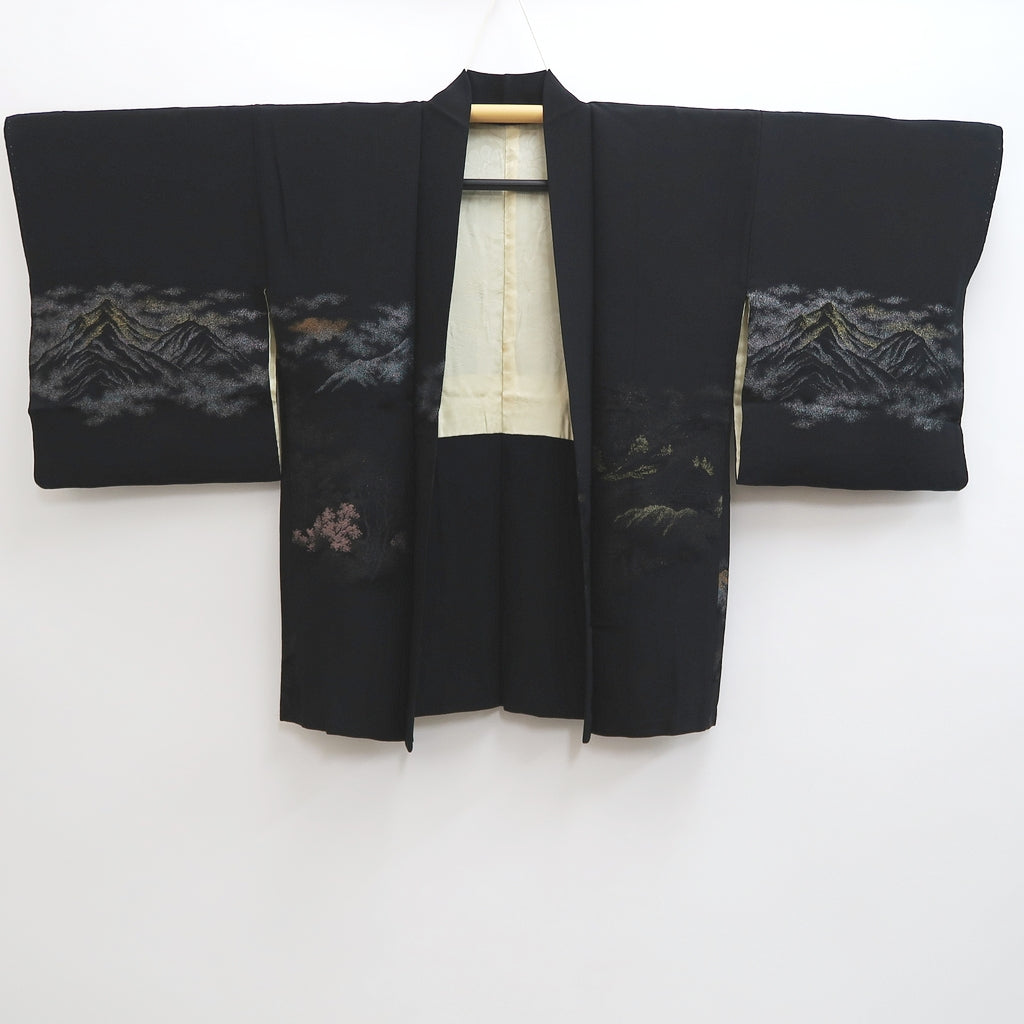 Haori Jacket Vintage(1950-1980) Black Gold Mountain Tree Landscape Sil ...