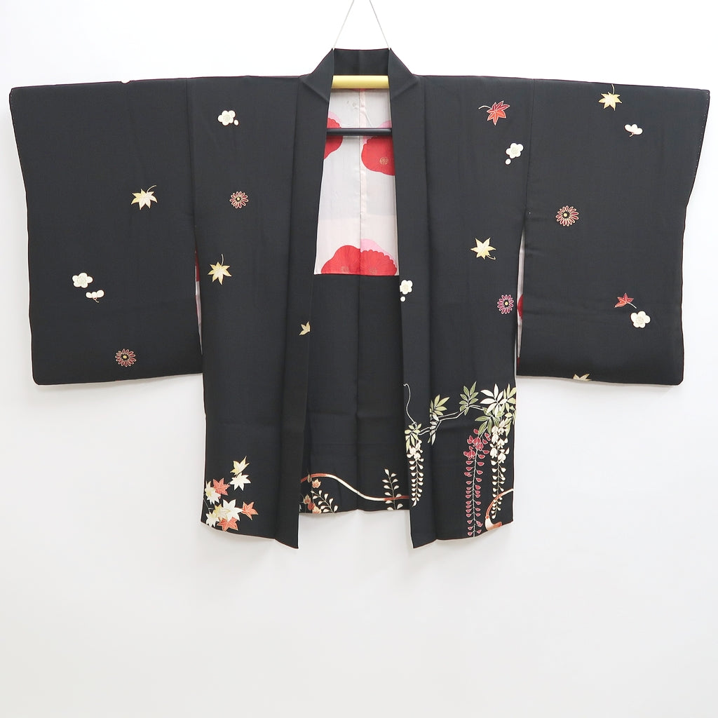 Haori Jacket Vintage(1950-1980) Black Hand painted Ume Kiku Silk #9889 ...