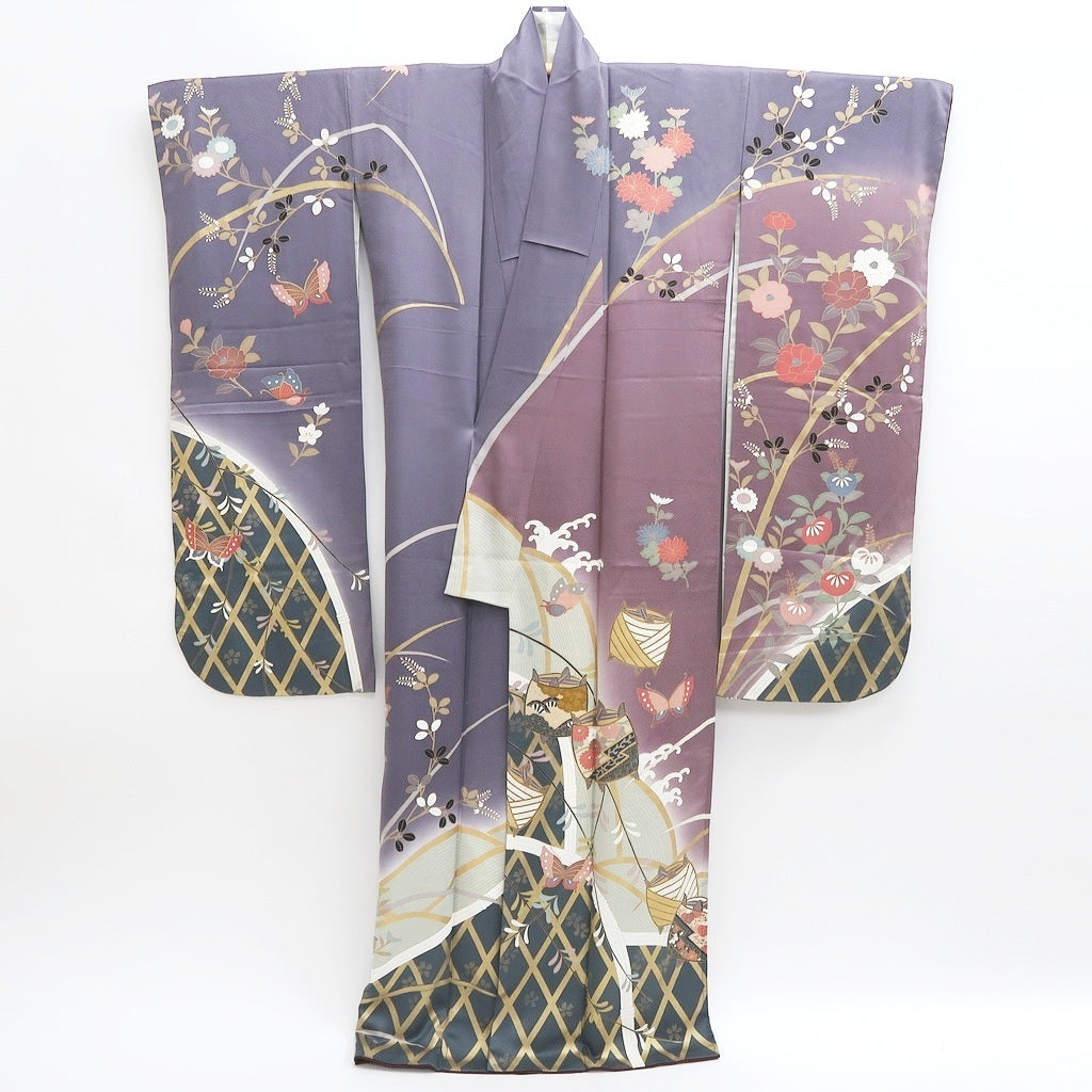 Furisode Gray Purple Peony Butterfly Tall Silk #9684J3 – Mikula Kimono
