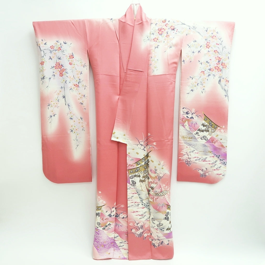Furisode Pink Crane Shidare Sakura Silk #9705J5 – Mikula Kimono