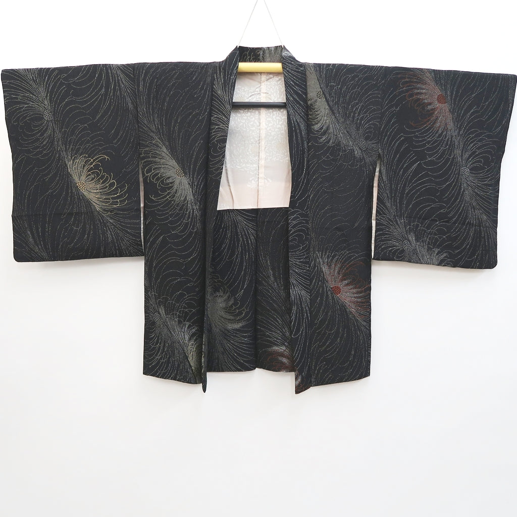 Haori Jacket Vintage(1950-1980) Black Gold Silver Chrysanthemum Silk ...