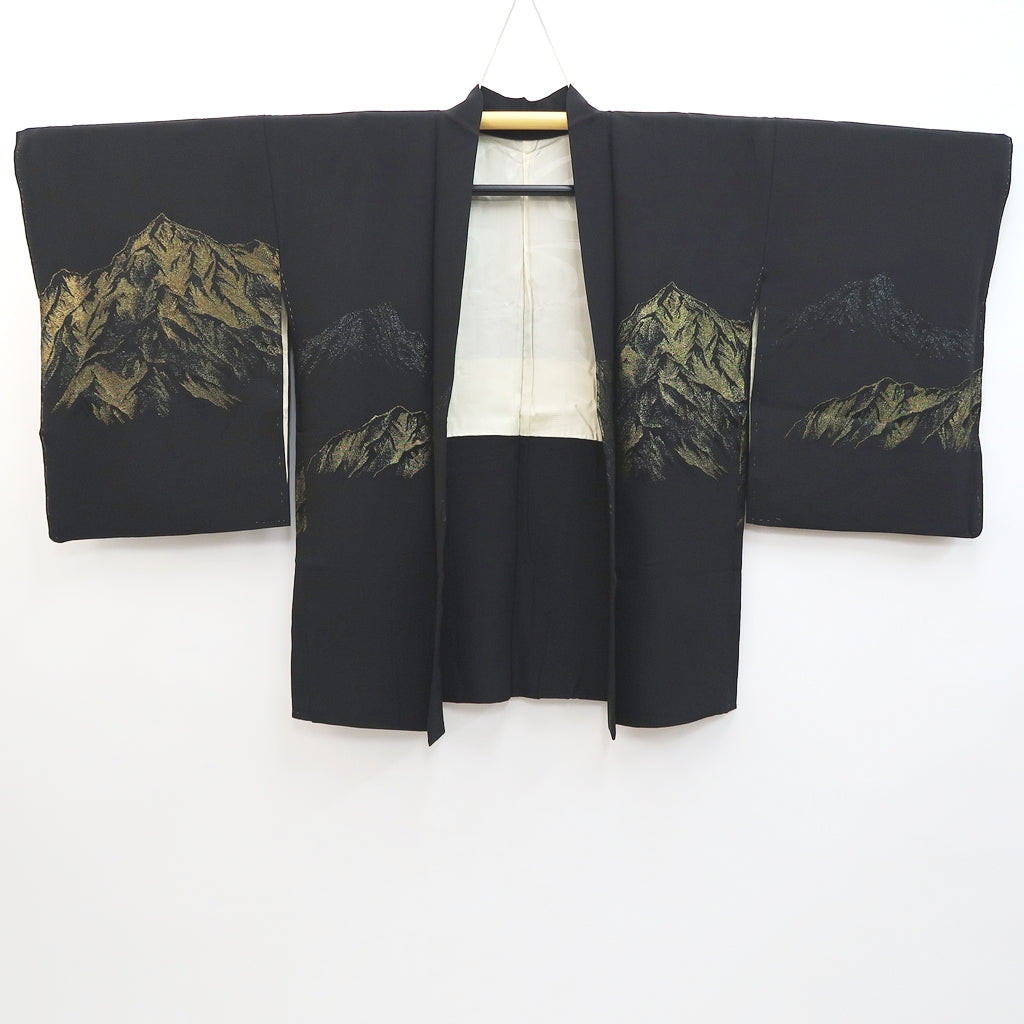Haori Jacket Vintage(1950-1980) Black Gold Silver Mountain Landscape S ...
