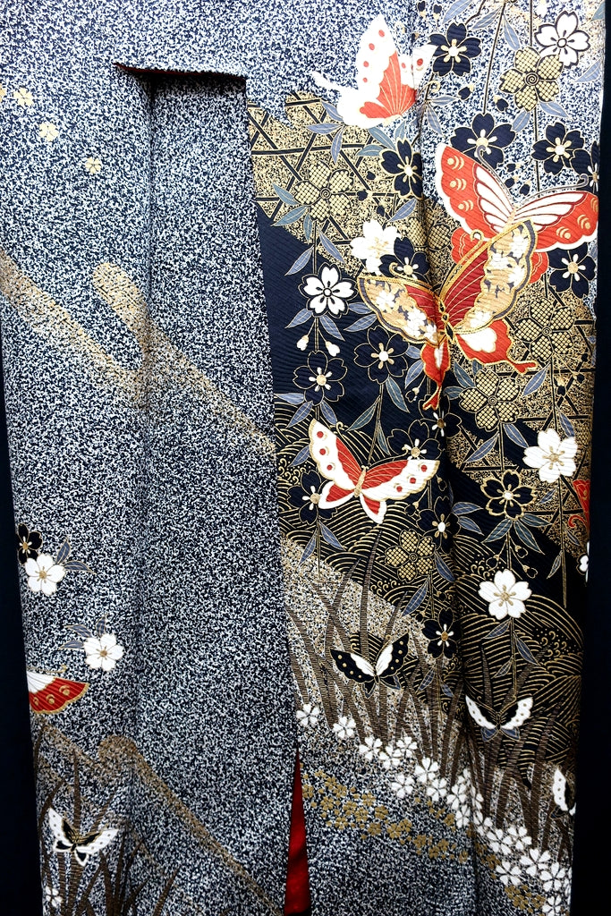 Furisode Black Gold White Butterfly Sakura Tall Silk #8775A2 – Mikula ...