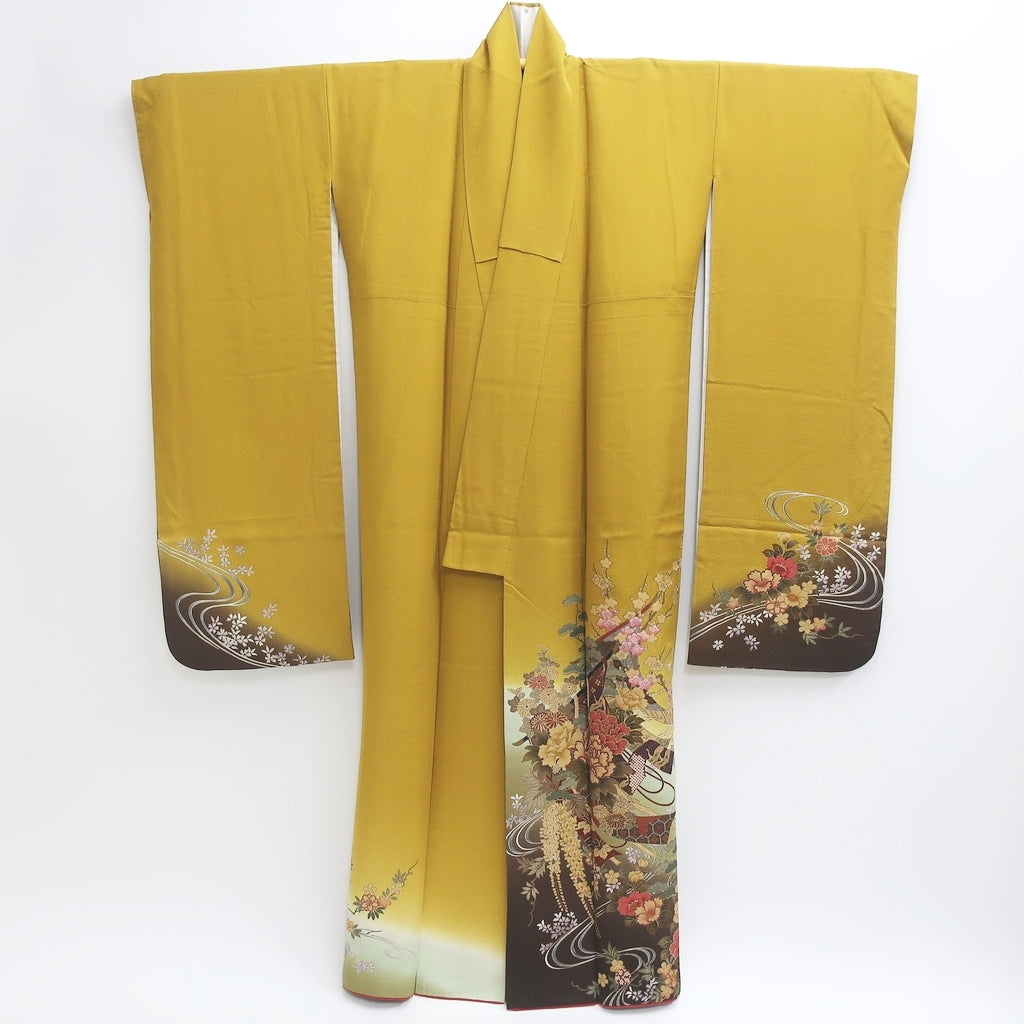 Furisode Yellow brown Ume Peony Wisteria Silk #9105D3 – Mikula Kimono