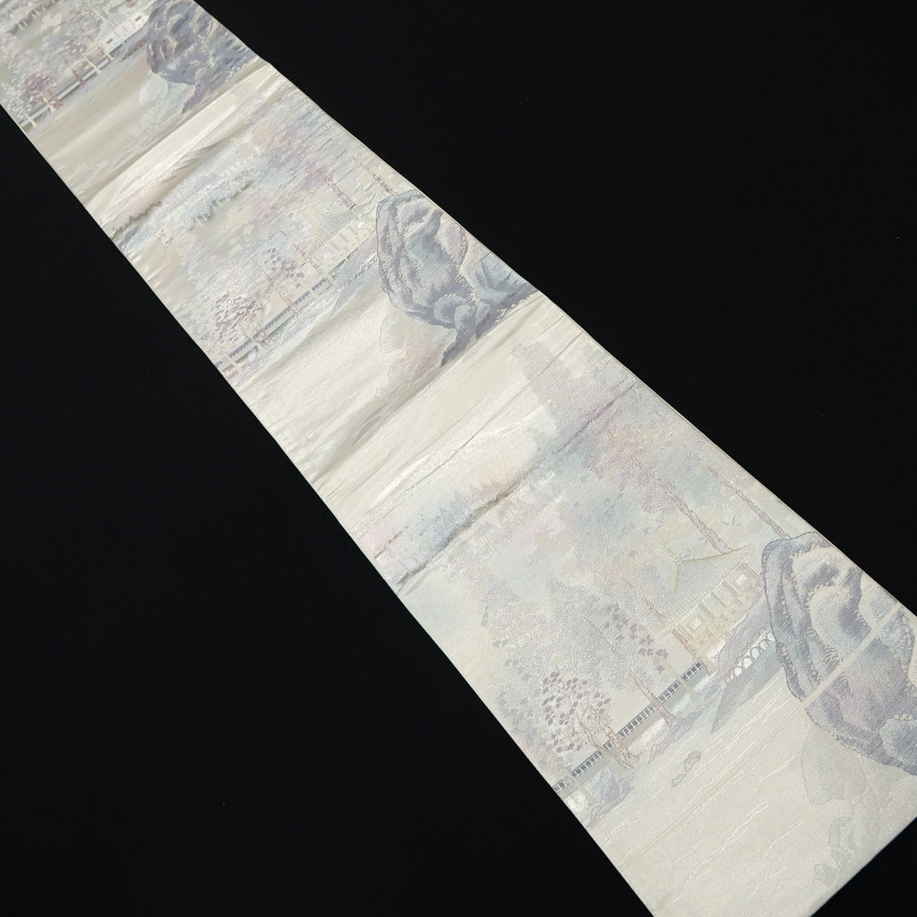 Fukuro Obi Silver Landscape Zen Temple Silk BB226V3 – Mikula Kimono