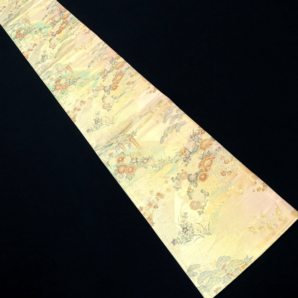 Fukuro Obi Gold Green Pink Peony Maple Leaf Chrysanthemum Silk BB215V3 ...