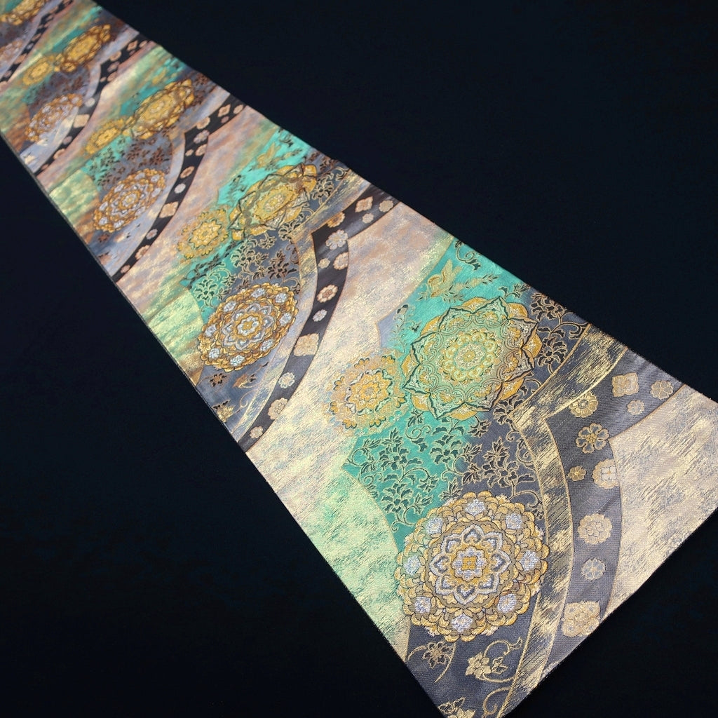 Fukuro Obi Vintage(1950-1980) Green Gold Silver Flower Birds Silk BB19 ...