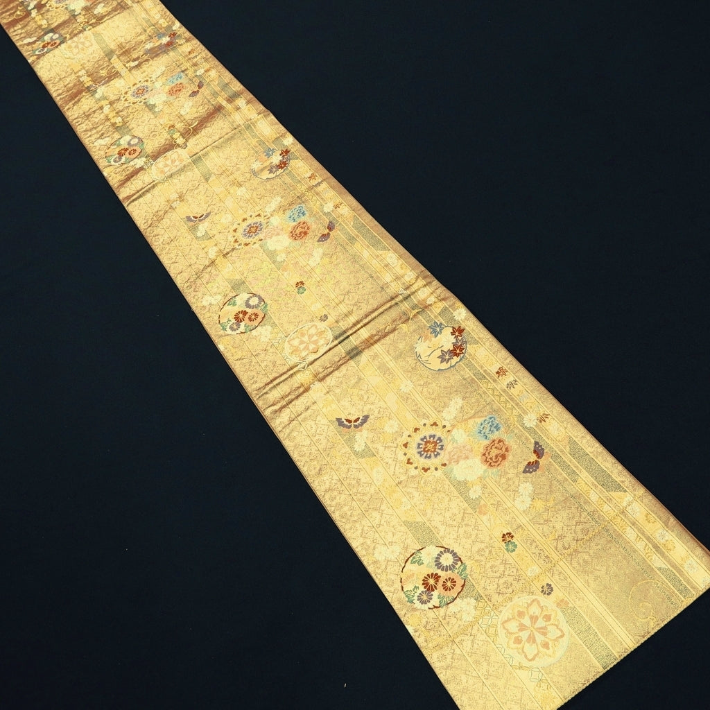 Fukuro Obi Gold Butterfly Peony Chrysanthemum Silk BB216V3 – Mikula Kimono