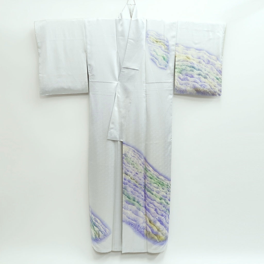 Kimono Light Blueish White Landscape Wave Silk #9364F5 – Mikula Kimono