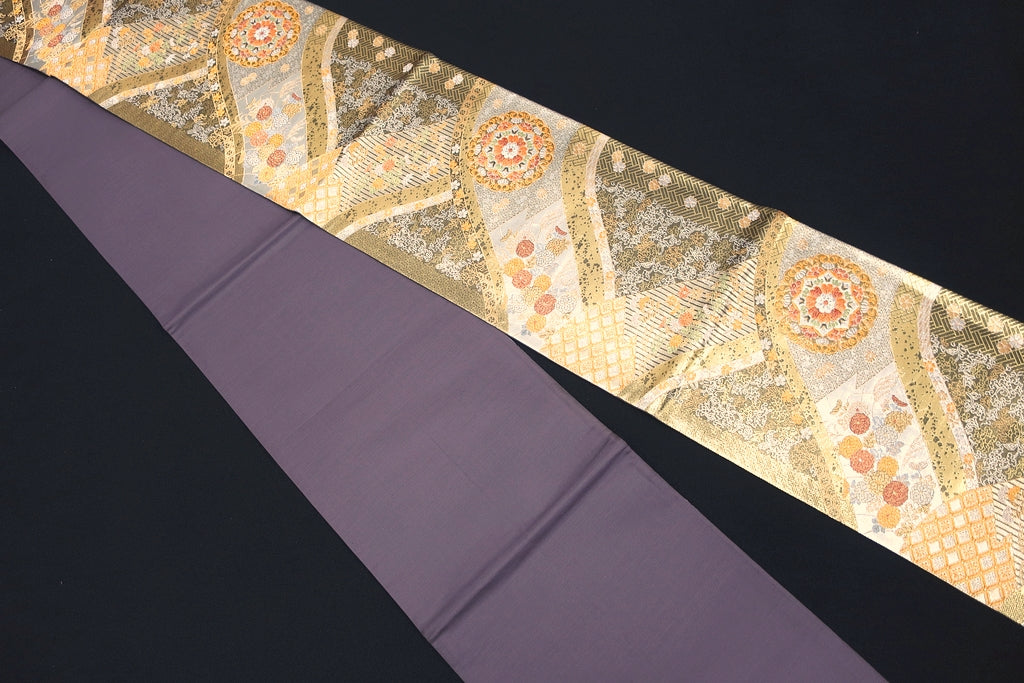 Fukuro Obi Gold Silver Chrysanthemum Maple Leaf Silk BB155W1 – Mikula ...
