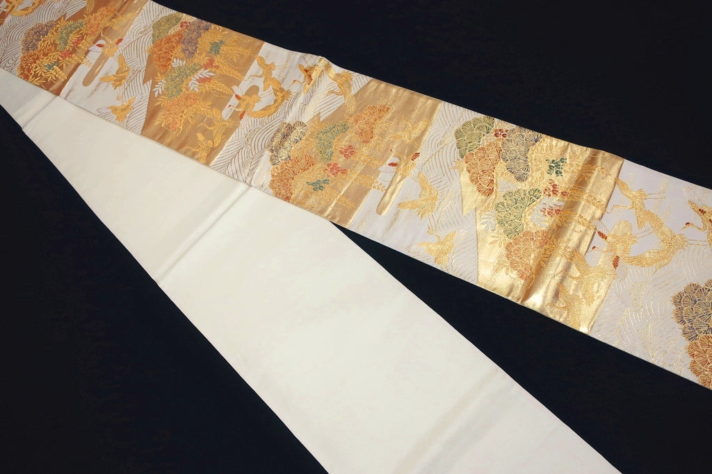 Fukuro Obi Gold Crane Birds Wisteria Pine Tree Silk BB156W1 – Mikula Kimono