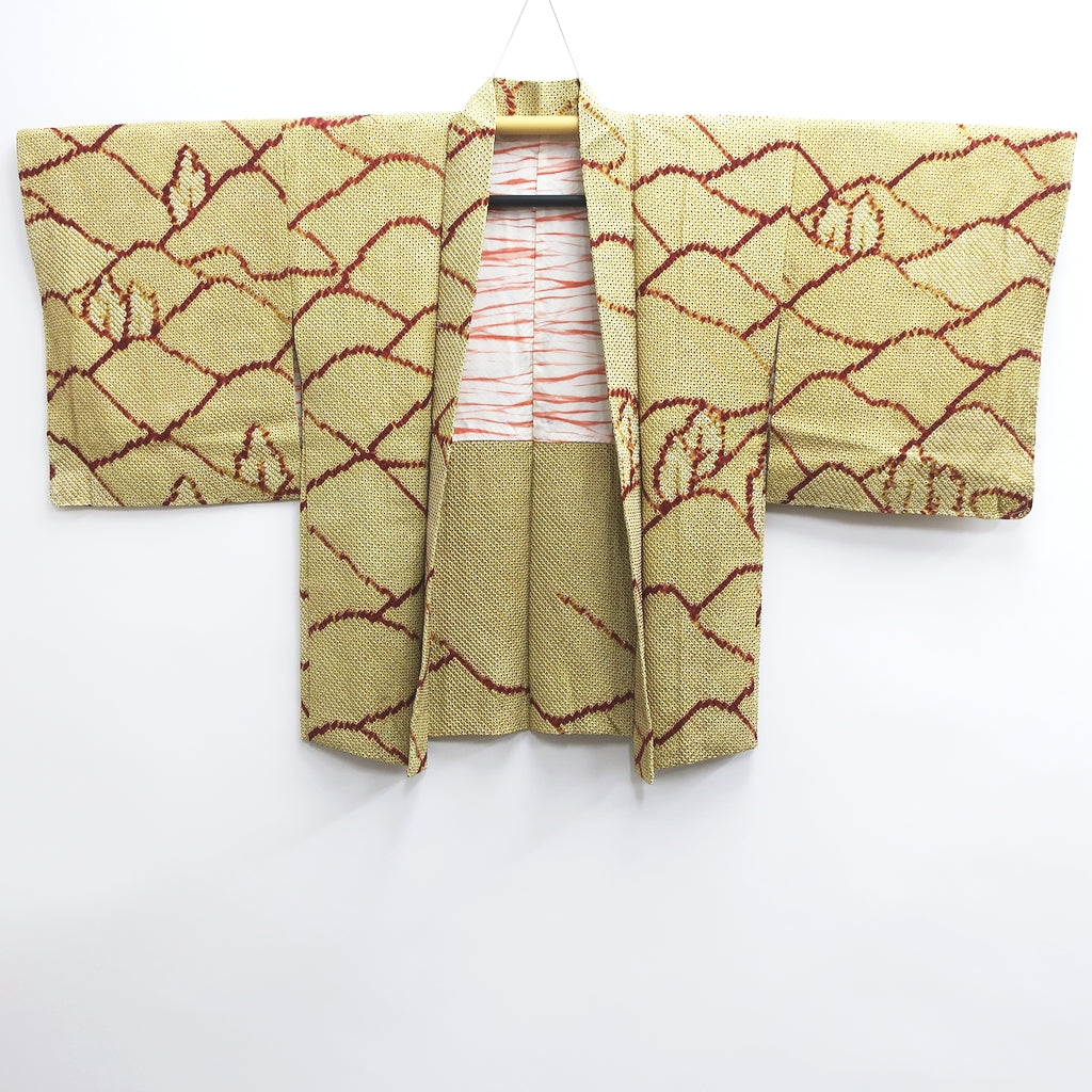 Haori Jacket Vintage(1950-1980) Yellow brown Full Shibori Tree Mountai ...